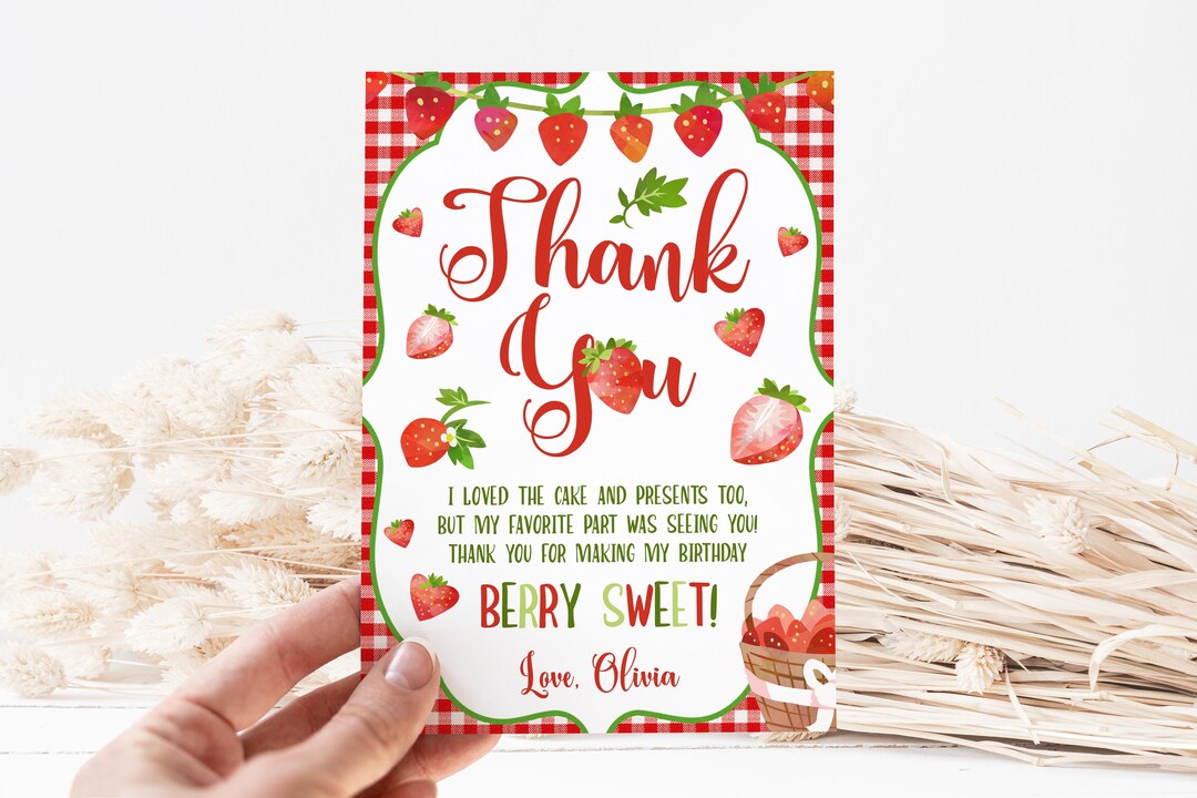 Strawberry Thank You Card, Berry Sweet Birthday Party Decorations ...