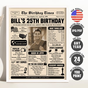 25th Birthday Newspaper Sign, Back in 1999 Poster, 25th Birthday Gift ...