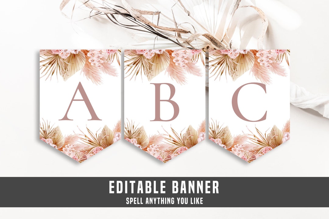 Boho Birthday Editable Banner, Pampas Grass Birthday Party Banner ...