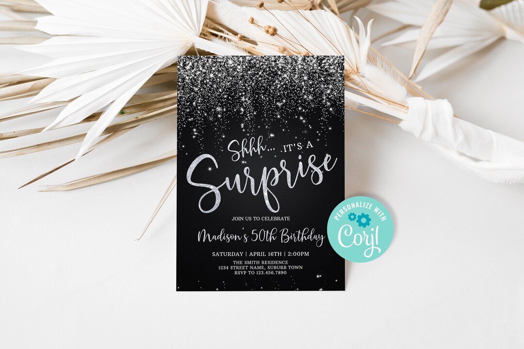Editable Black and Silver Surprise Birthday Invitation for Adult ...