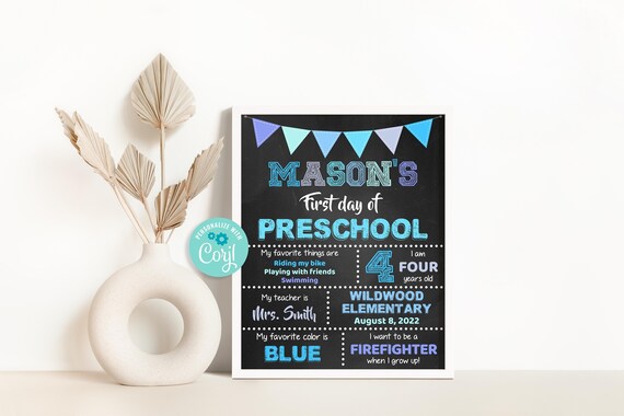 Blue First Day of Preschool Chalkboard Sign Editable 1st Day - Etsy