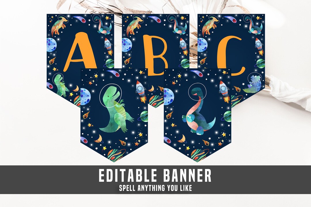 Dinosaurs Space Birthday Banner: Editable Dino Space Party Decor ...