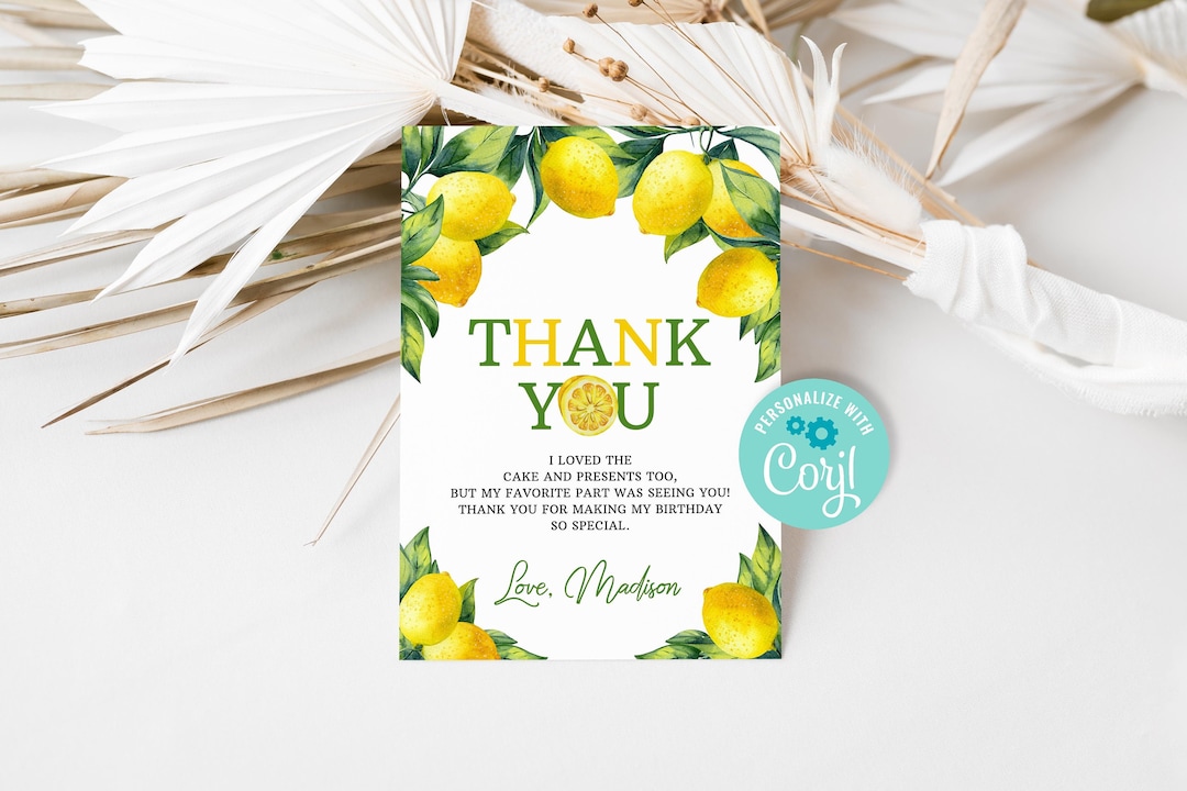 Editable Lemon Thank You Card Citrus Lemonade Birthday Thank - Etsy