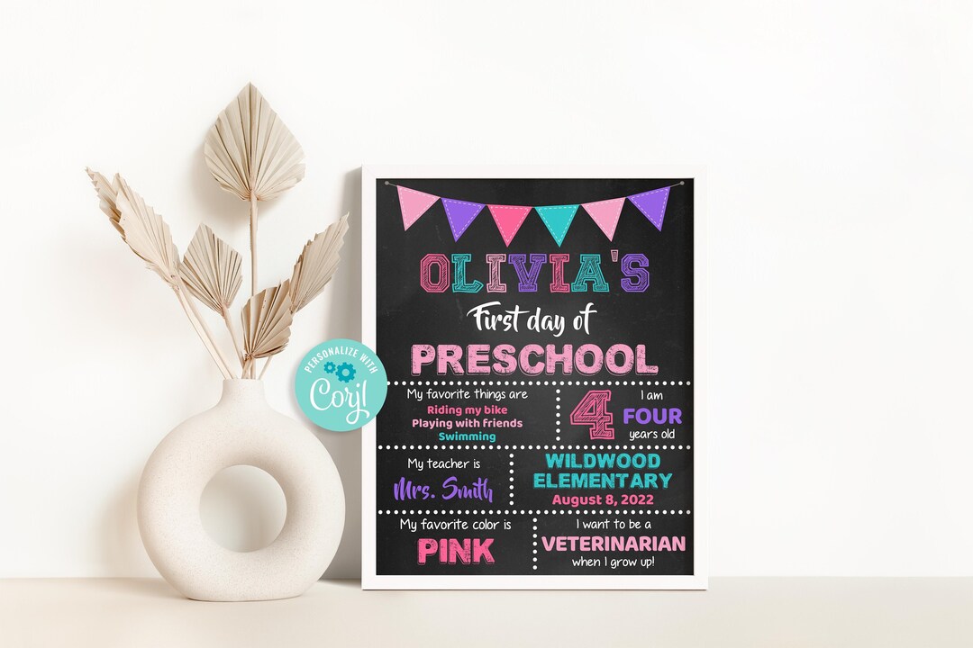 Editable First Day of School Chalkboard Sign, Pink Purple (digital ...