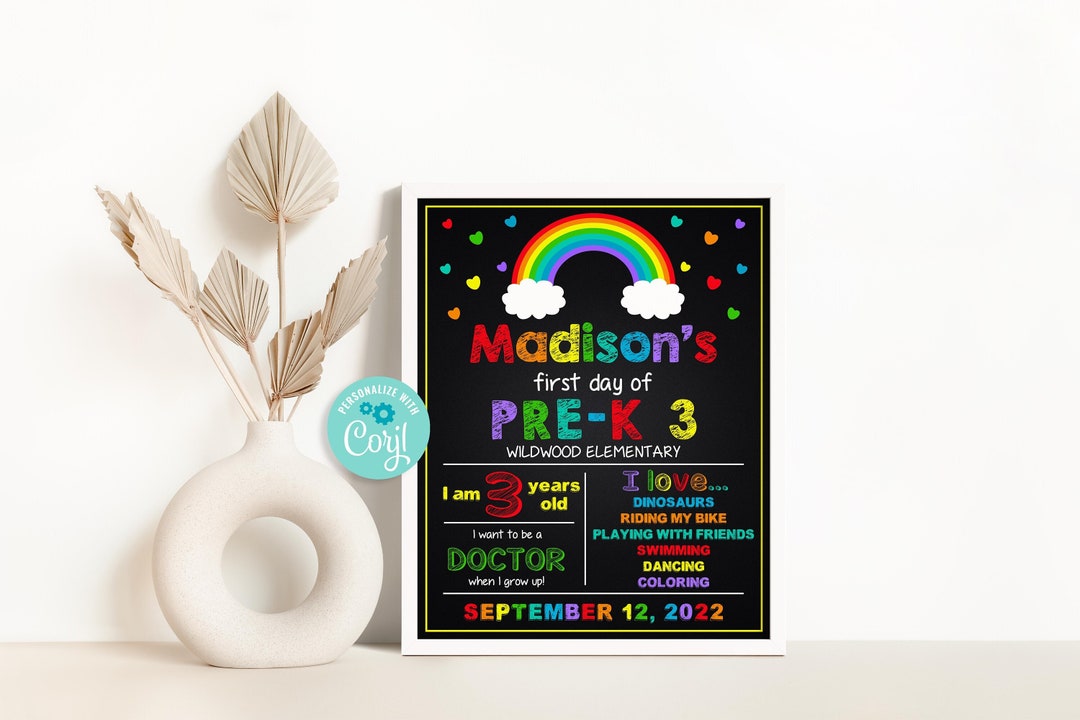 Rainbow 1st Day of Pre K Chalkboard Sign Editable First Day of School ...
