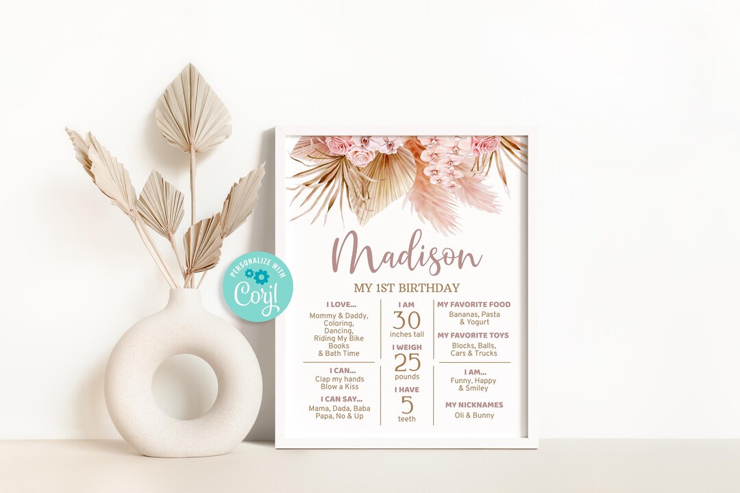 Boho 1st Birthday Milestone Poster, Pampas Grass Birthday Sign ...