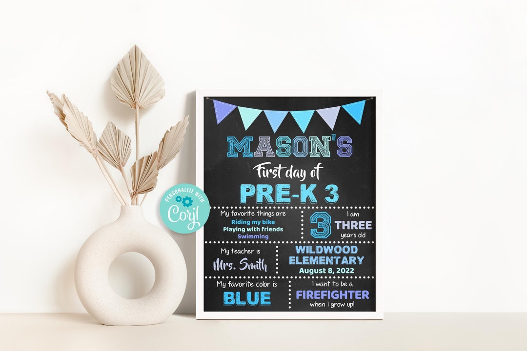 Blue First Day of Pre-k Chalkboard Sign, Editable 1st Day of School ...