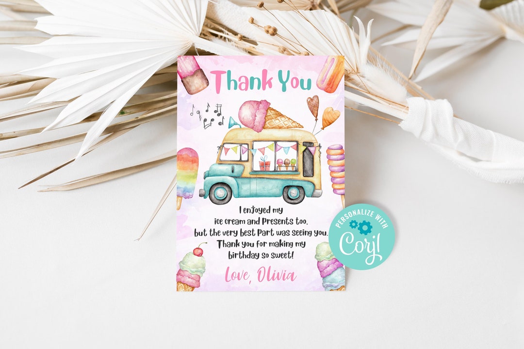 Editable Ice Cream Thank You Card, Girl Ice Cream Truck Party Thank You ...