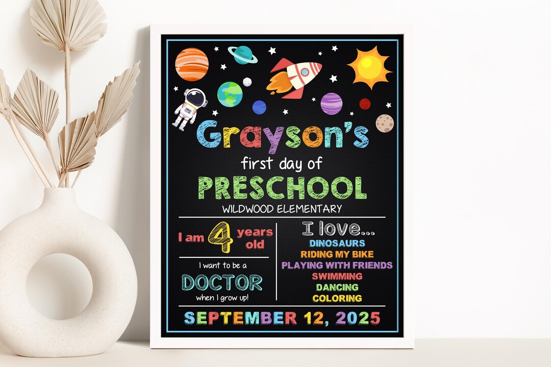 Space Theme First Day of Preschool Sign: Editable Chalkboard Poster ...