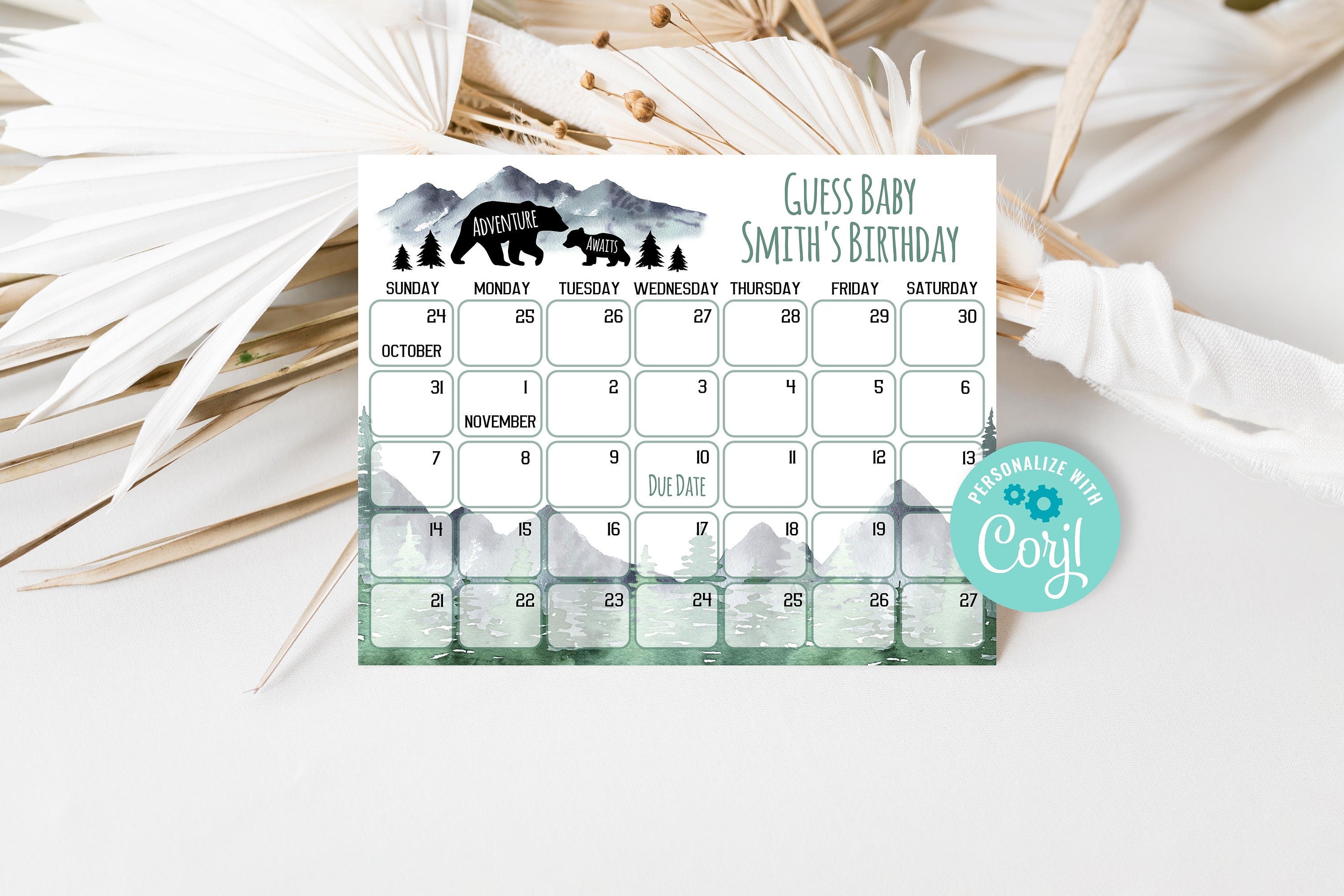 Editable Adventure Due Date Calendar Mountains Guess - Etsy