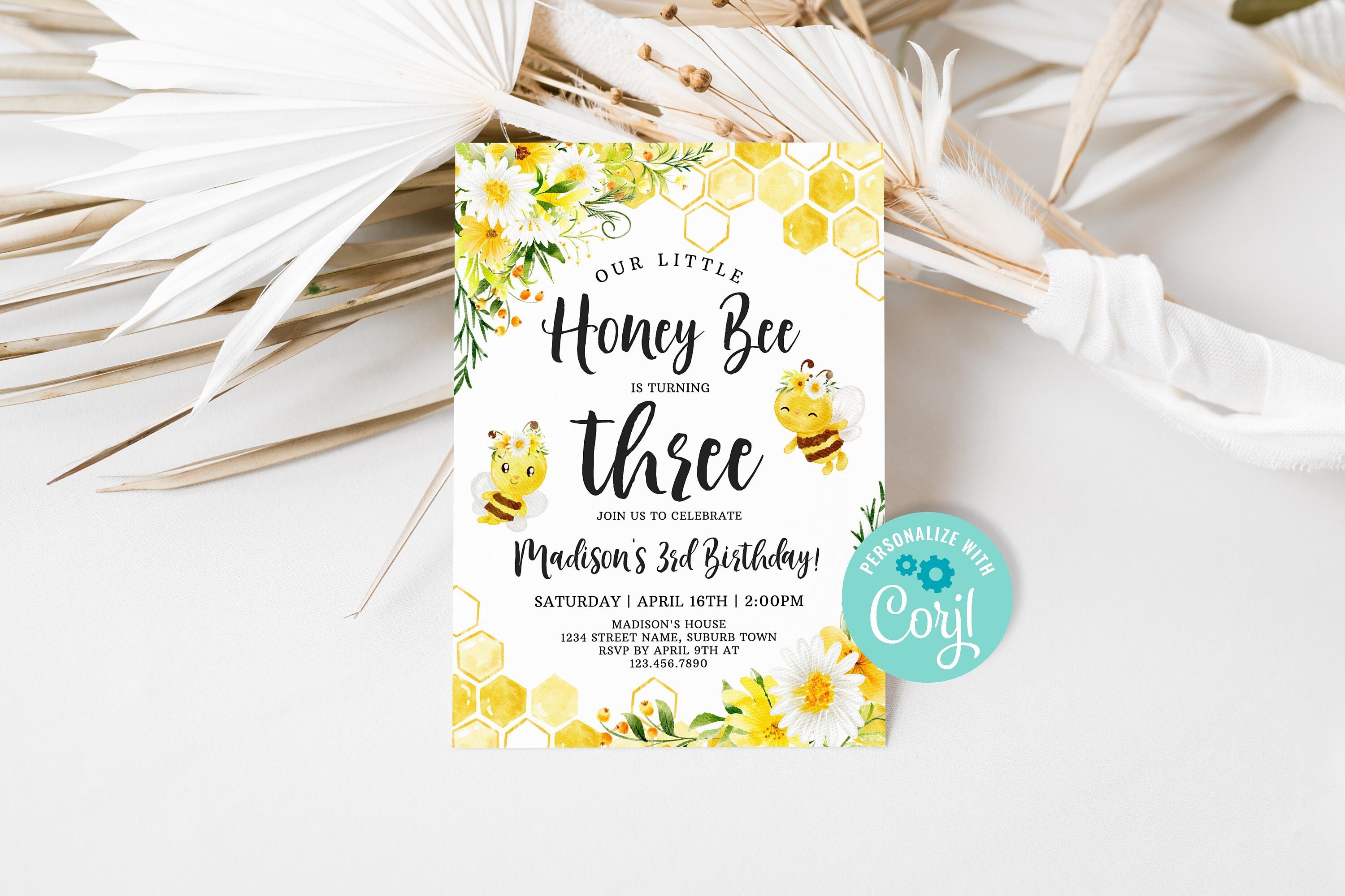 Editable Bee Birthday Invitation Little Honey Bee 3rd - Etsy
