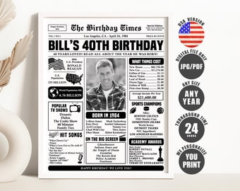 40th Birthday Newspaper Poster, Back in 1984 Poster, What Happened in ...