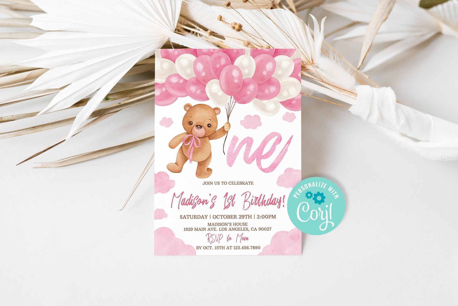 Editable Teddy Bear 1st Birthday Invitation Girl Beary 1st - Etsy