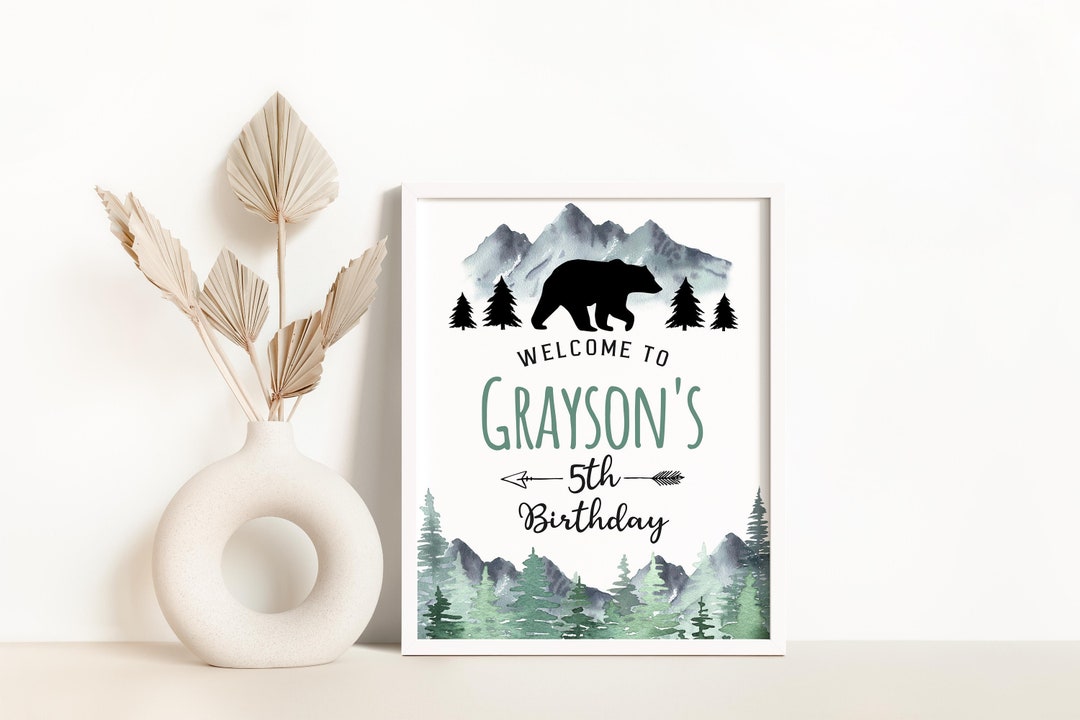 Editable Adventure Awaits Birthday Welcome Sign, Woodland Bear Mountain ...