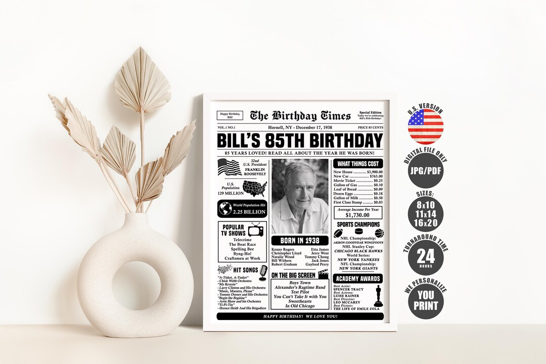 85th Birthday Newspaper Poster, 85th Birthday Decorations, Back in 1938 ...