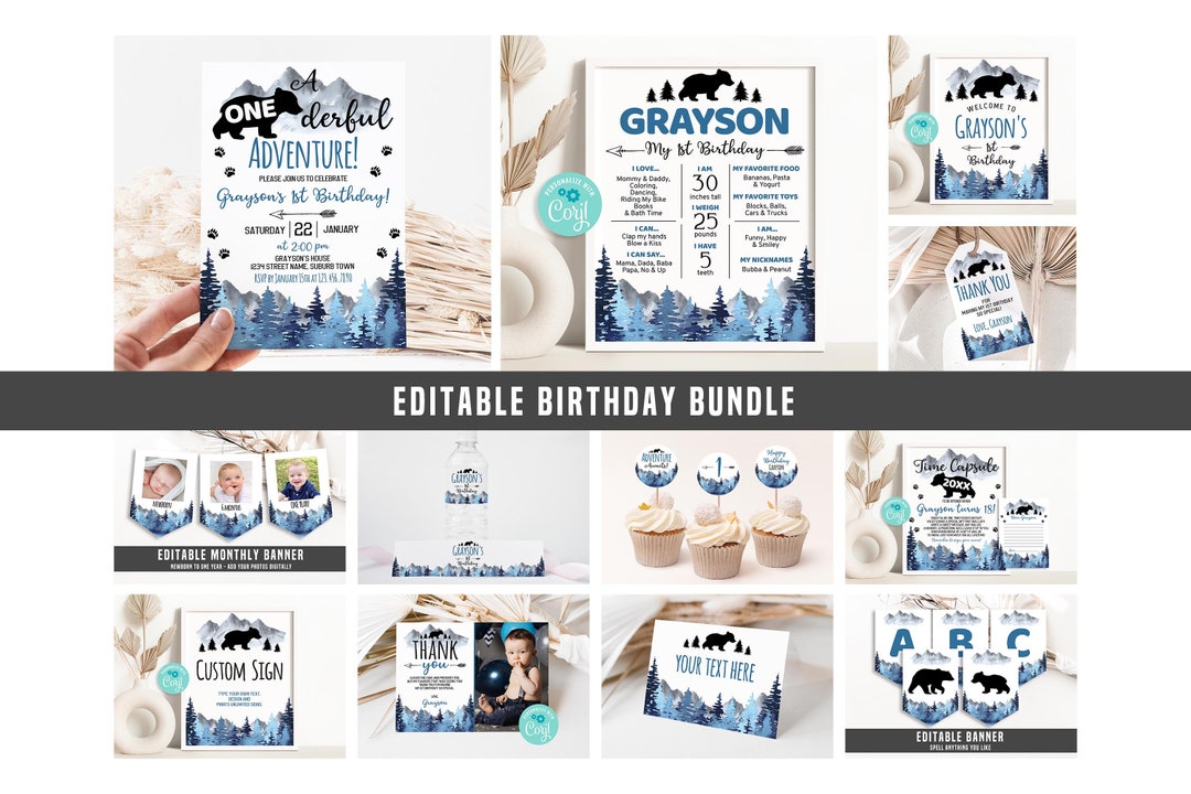 Editable Onederful Adventure 1st Birthday Bundle Boy Woodland Bear ...