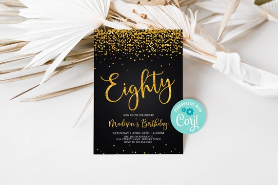 Editable Gold 80th Birthday Invitation Eighty Golden Birthday - Etsy