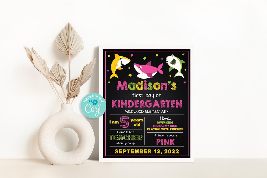 Shark First Day of Kindergarten Chalkboard Sign Editable Girl 1st Day ...