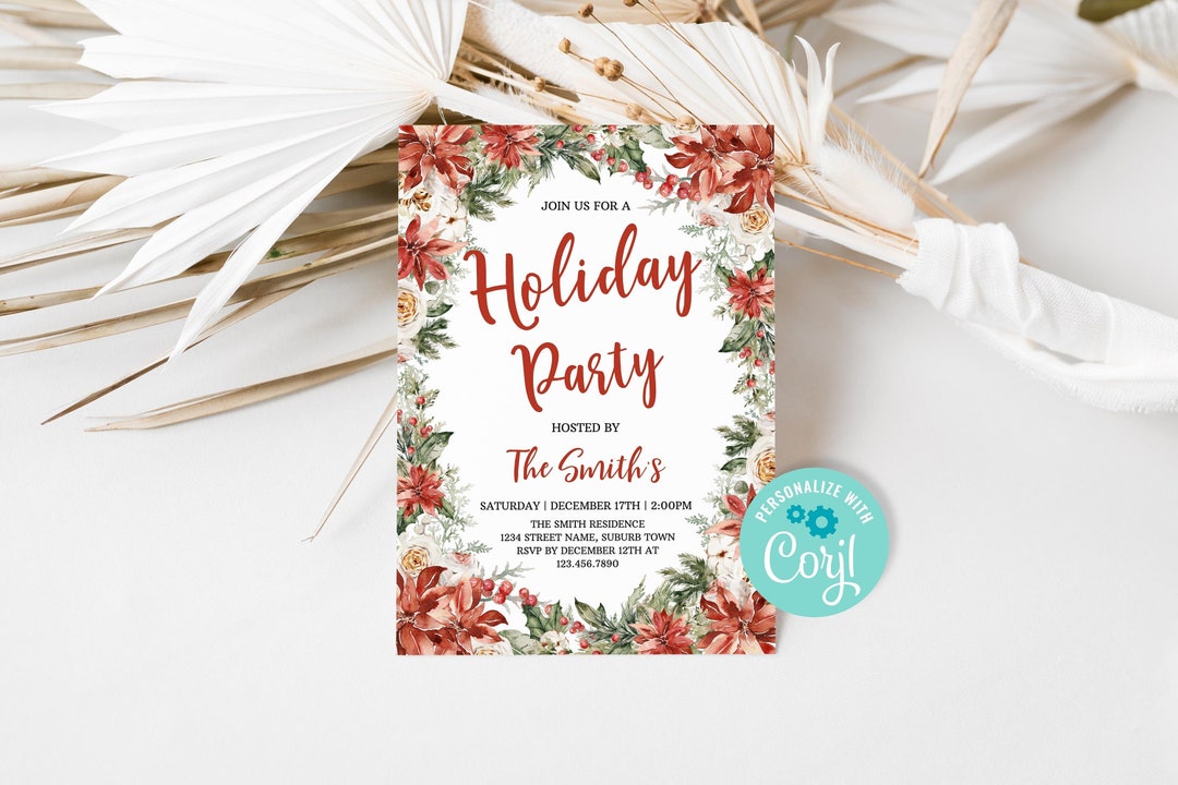 Editable Holiday Party Invitation, Christmas Floral Party Invitation ...