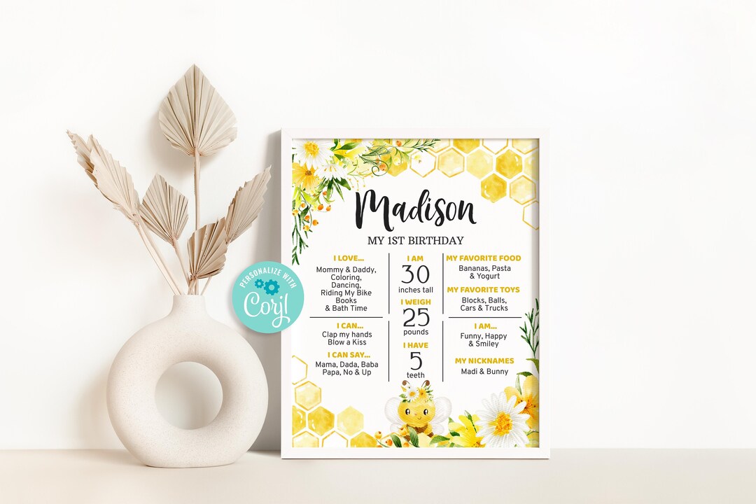 Editable Bee Birthday Sign, Honey Bee 1st Birthday Milestone Poster ...