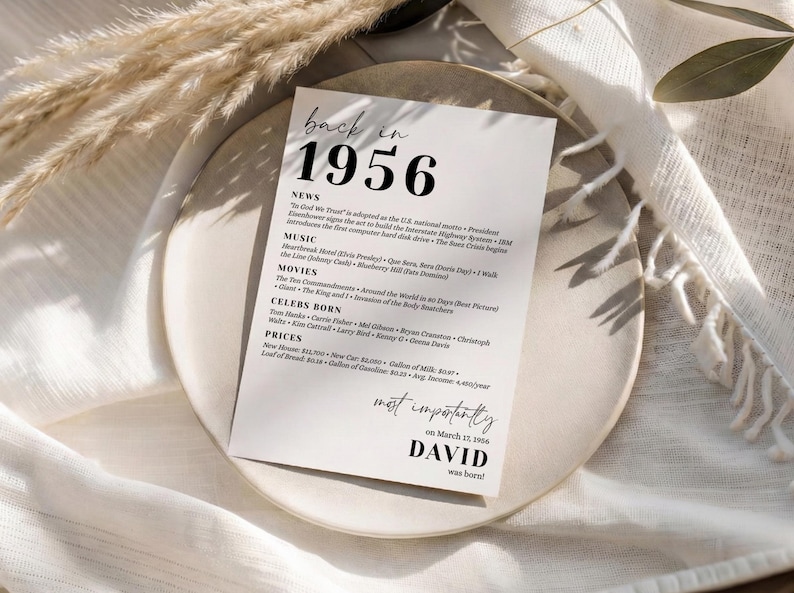 Editable 1956 Birthday Table Sign, 70th Party Decoration, Back in 1956 ...
