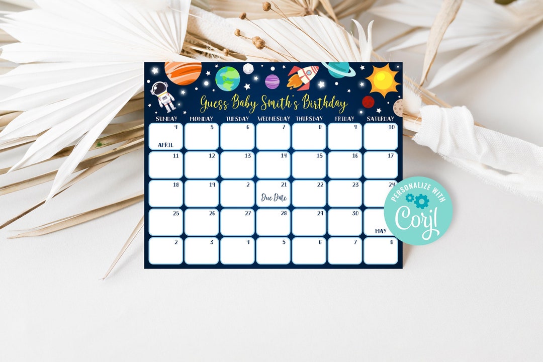 Editable Outer Space Baby Due Date Calendar, Planets Astronaut Guess ...