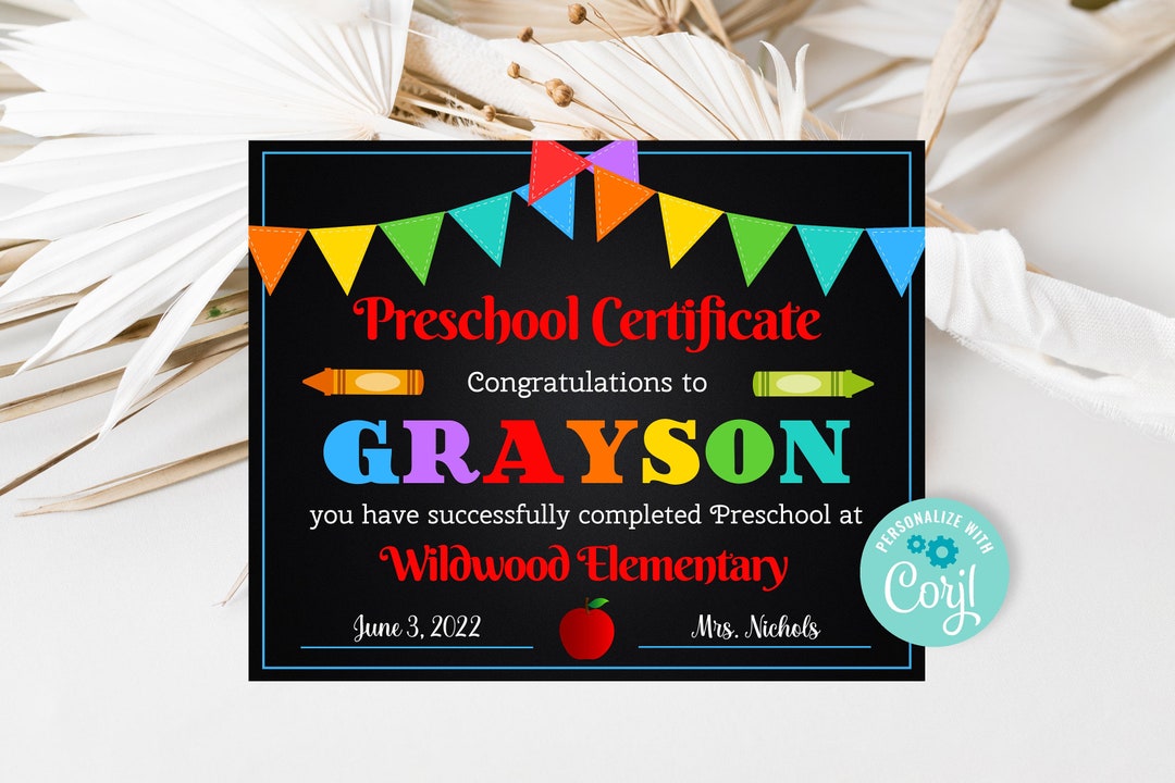 Editable Preschool Graduation Certificate: Chalkboard Template (digital ...
