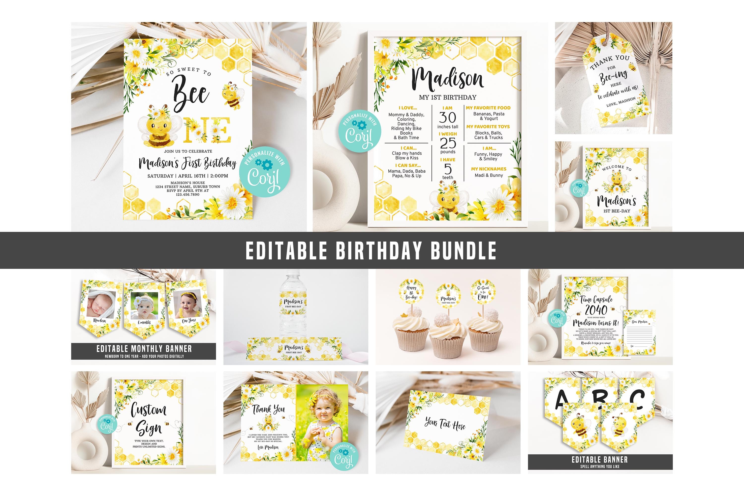 Editable Bee Birthday Bundle Honey Bee 1st Birthday Party - Etsy