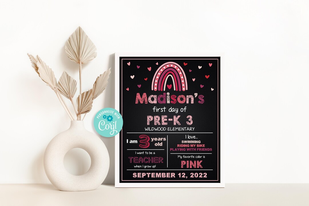 Boho Rainbow First Day of Pre-k Chalkboard Sign, Editable Girl 1st Day ...