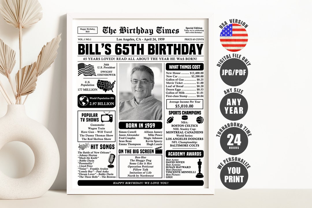 Back in 1959 Poster, 65th Birthday Newspaper Sign, 65th Birthday Gift ...