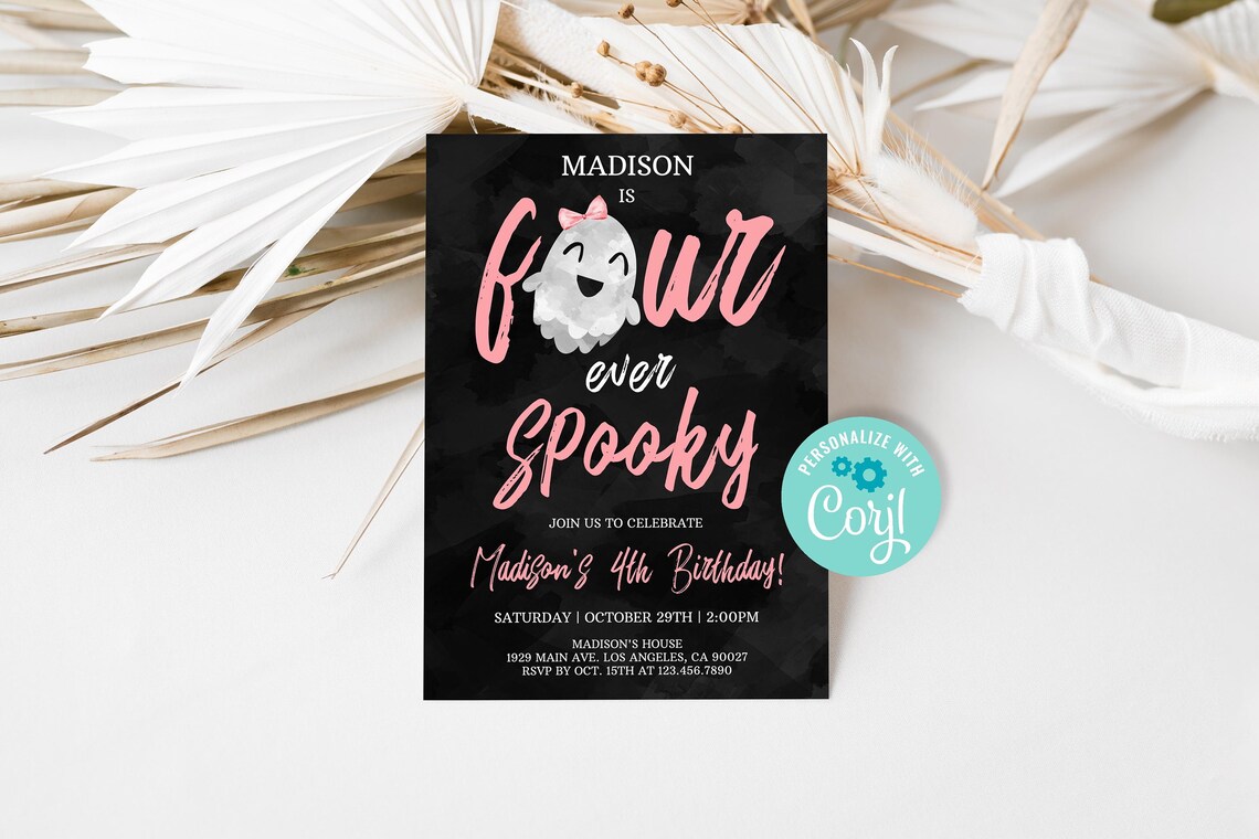 Editable Four Ever Spooky Birthday Invitation Girl Halloween - Etsy