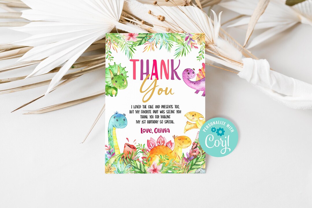 Editable Girl Dinosaurs Thank You Card, Pink Dino Thank You Note ...