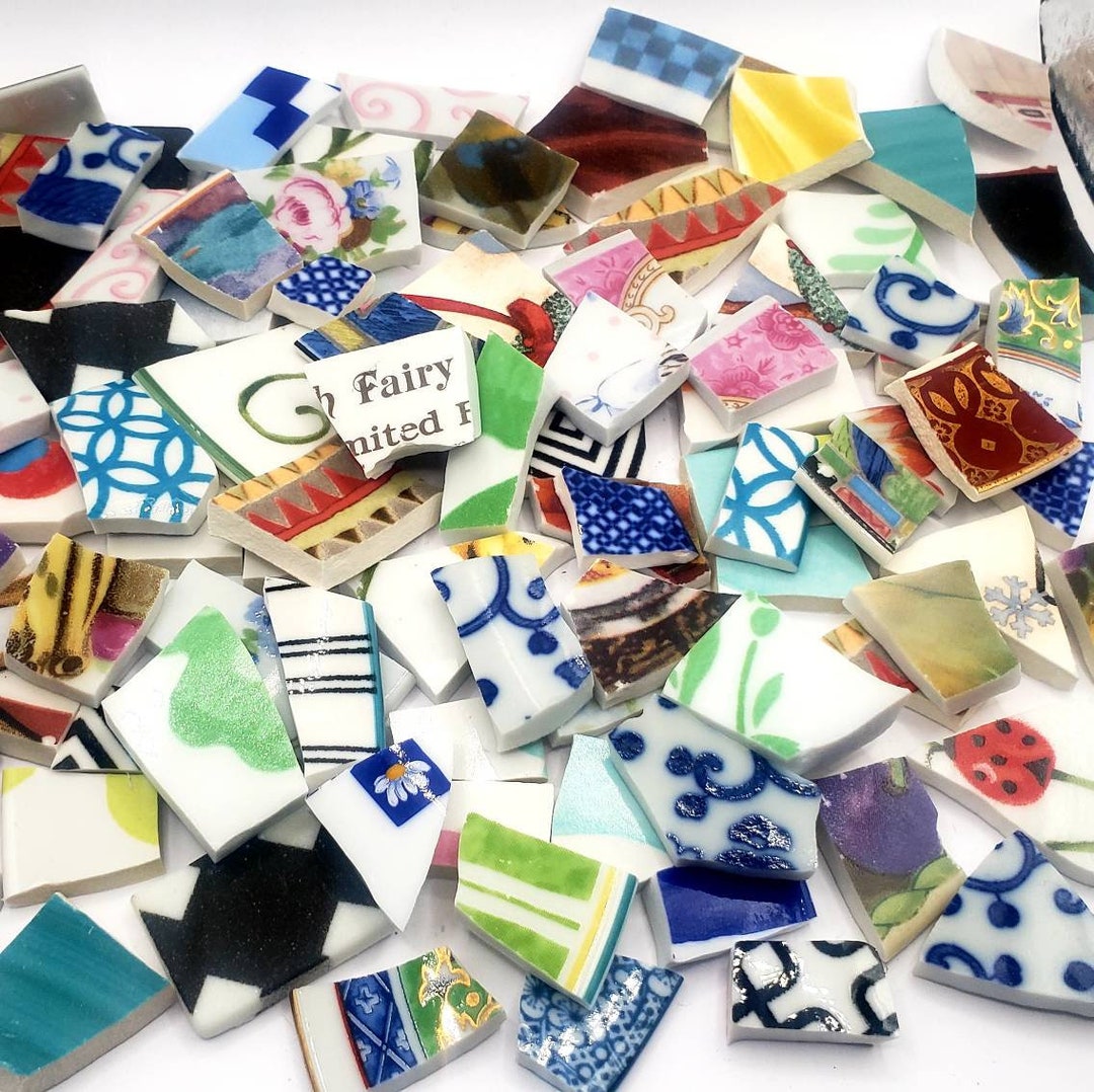 100 Piece Set of Patchwork Hand Cut Broken Plate Mosaic Tiles in a ...