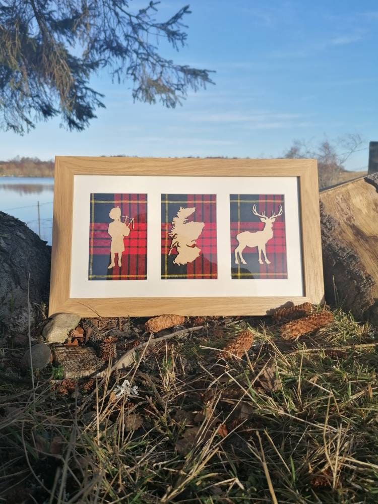 Scottish Wallace Tartan Frame With Stag Piper and Map - Etsy UK