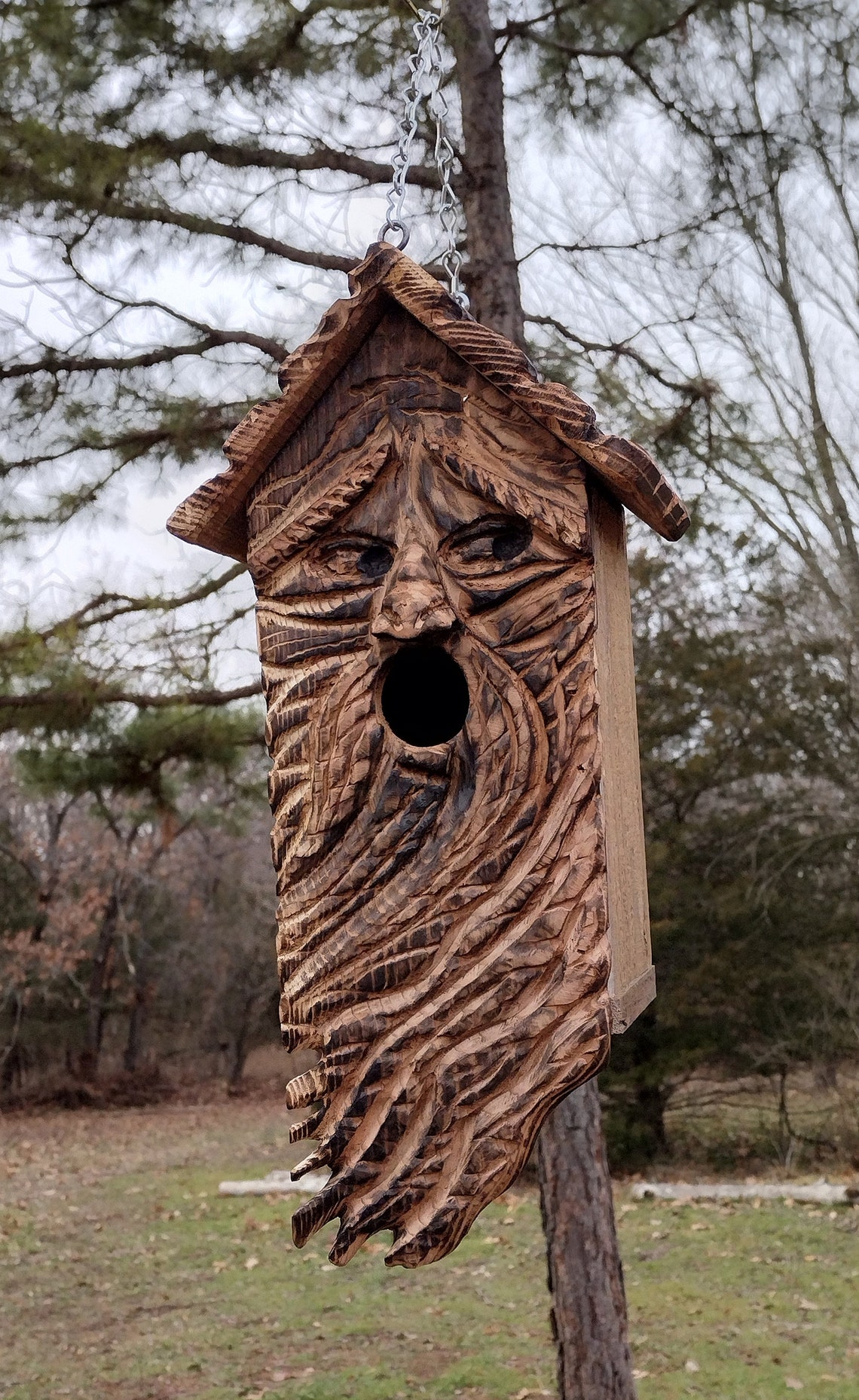 Hand-carved Wood Spirit Birdhouse, Rustic Outdoor Decor, Whimsical ...