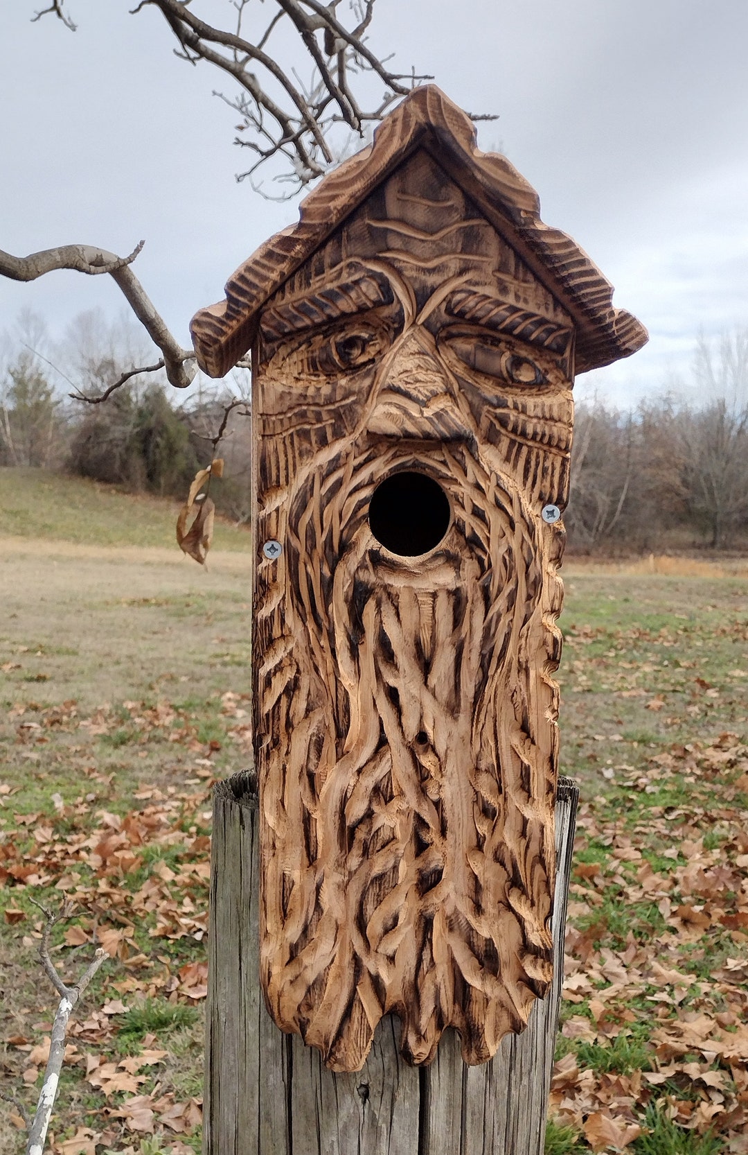 Hand-carved Wood Spirit Birdhouse, Rustic Outdoor Decor, Whimsical ...