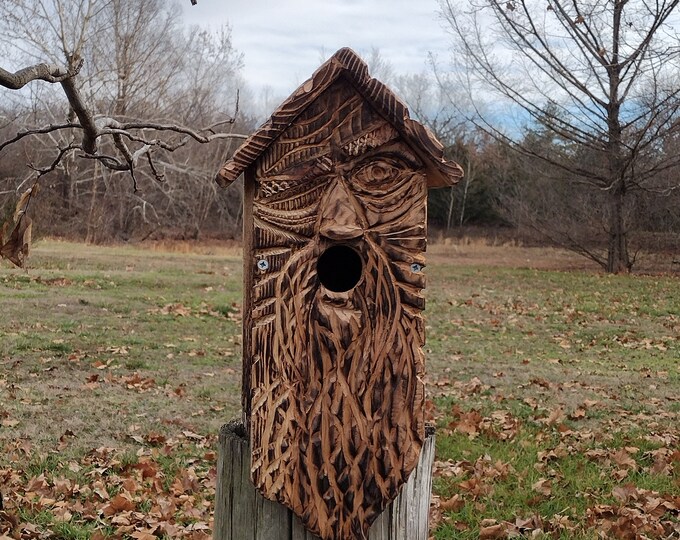 Hand-carved Wood Spirit Birdhouse, Rustic Outdoor Decor, Whimsical ...