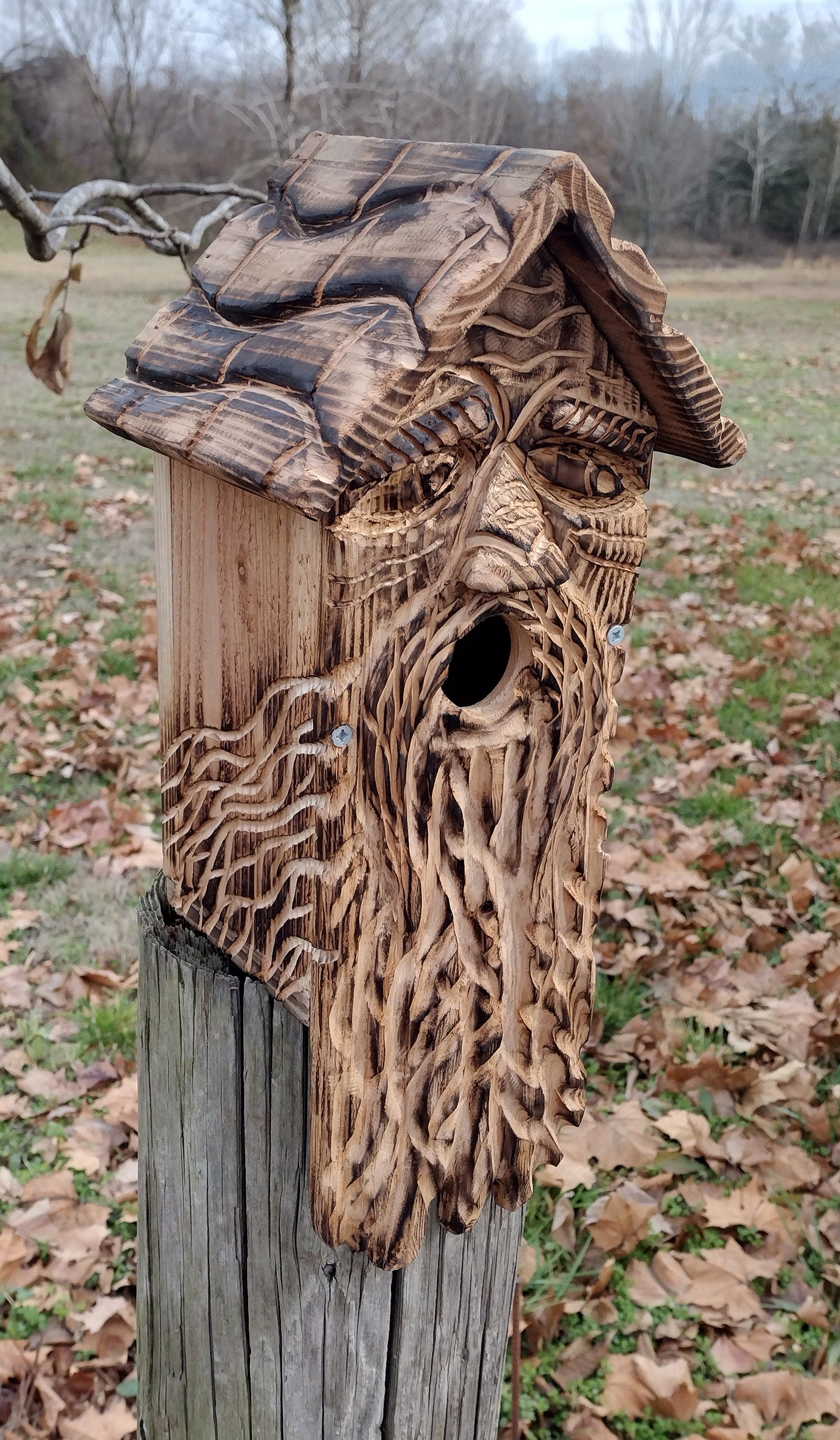 Hand-carved Wood Spirit Birdhouse, Rustic Outdoor Decor, Whimsical ...