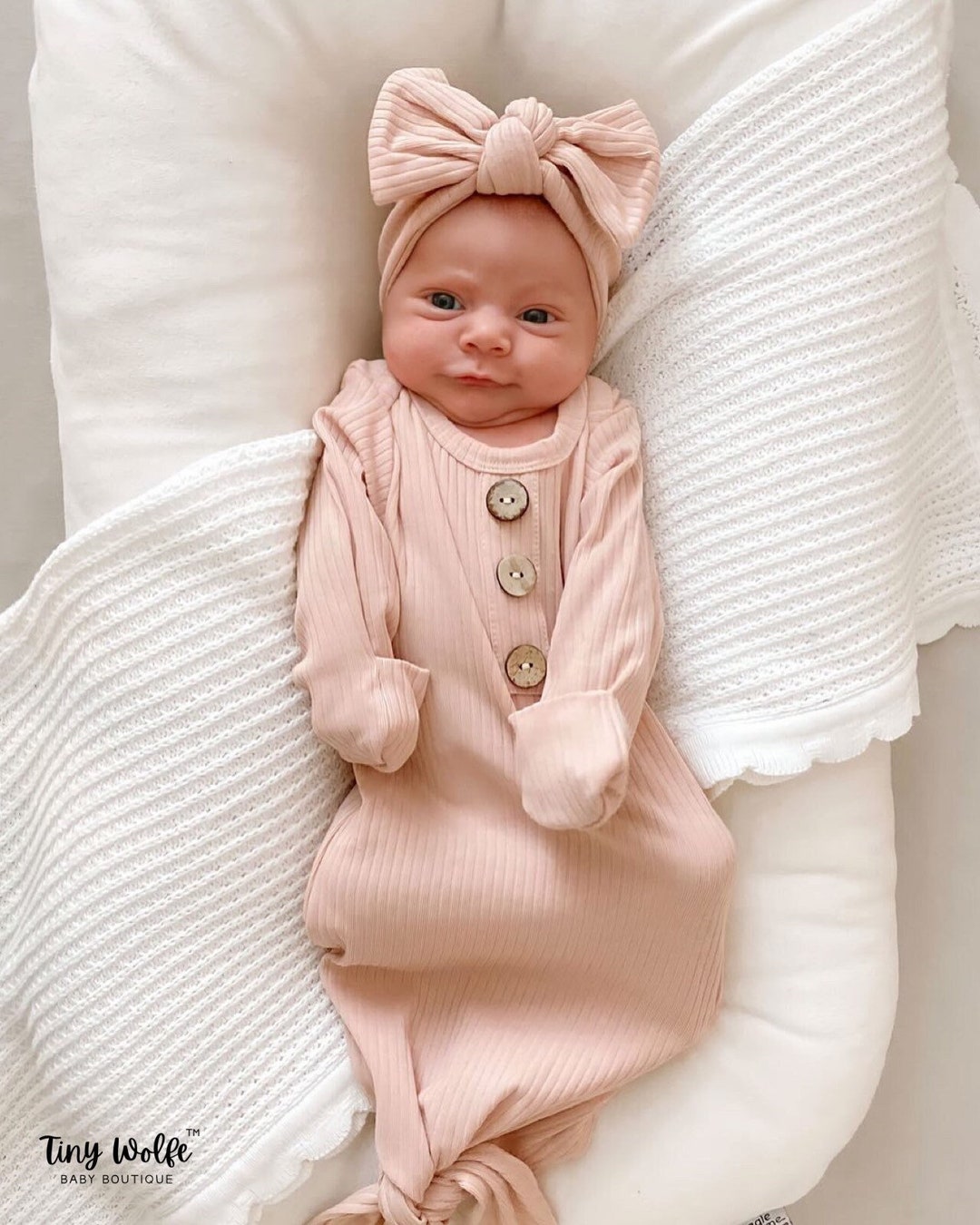 Light Pink Ribbed Baby Gown With Bow: Newborn Cotton Outfit - Etsy
