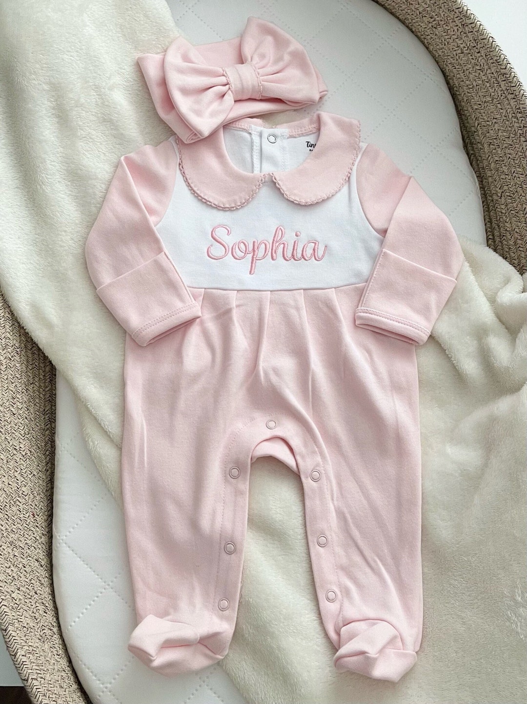 Baby Girl Coming Home Outfit, Embroidered Footie With Bow, Monogrammed ...