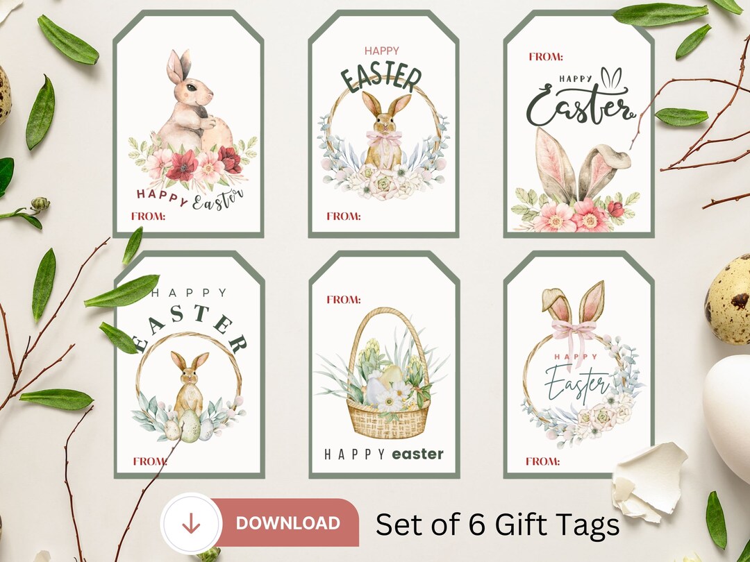 6 Printable Happy Easter Gift Tag, Easter Bunny Tag, Easter Basket Gift ...