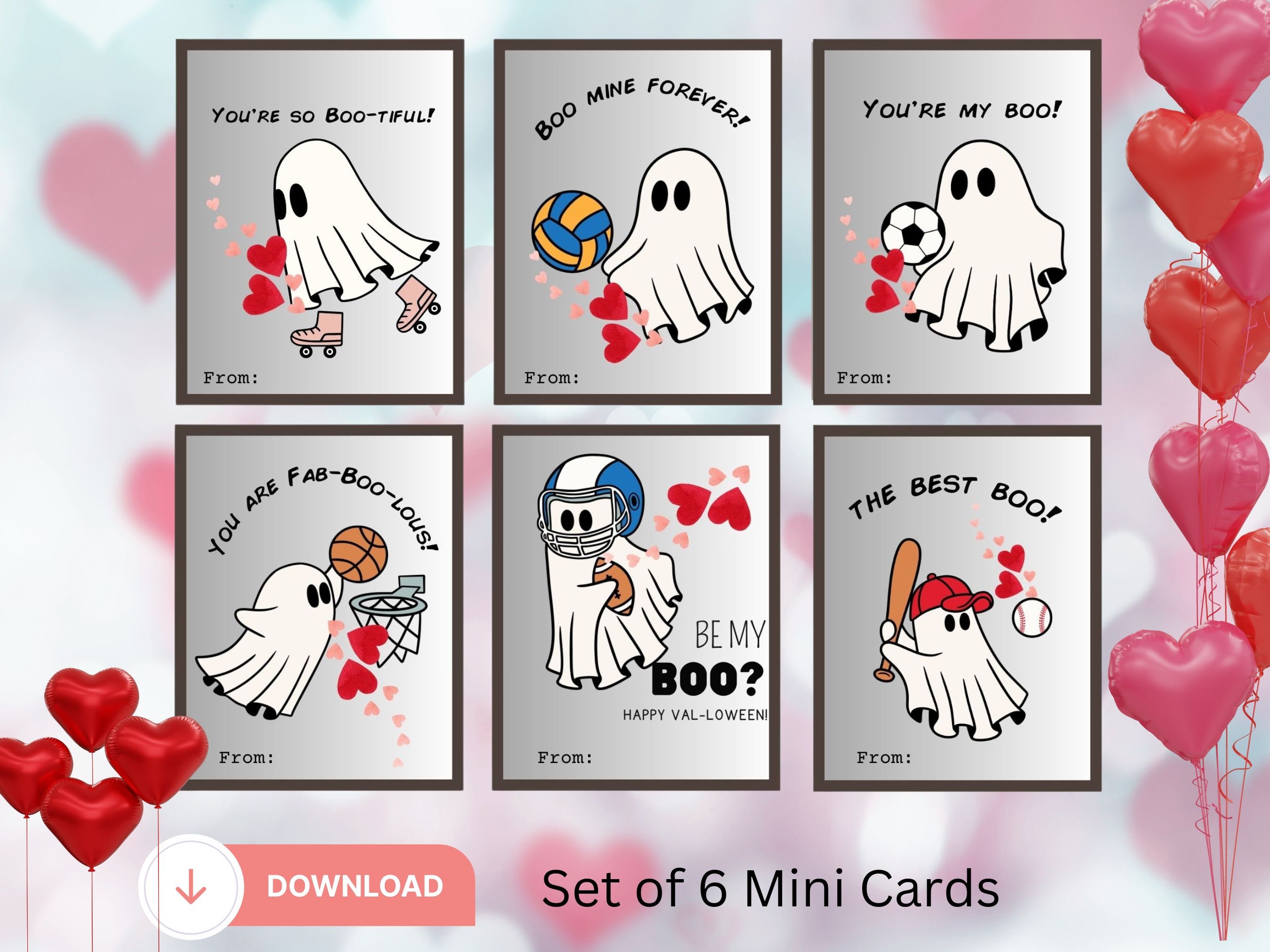 6 Mini Ghost Happy Valentines Card, Ghost Valentine's Day Card, for ...