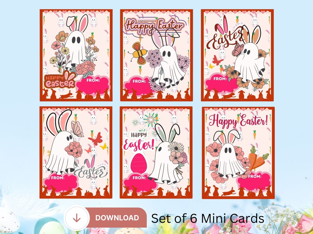 6 Easter Bunny Ghost Mini Card, Easter Ghost Card, School Happy Easter ...