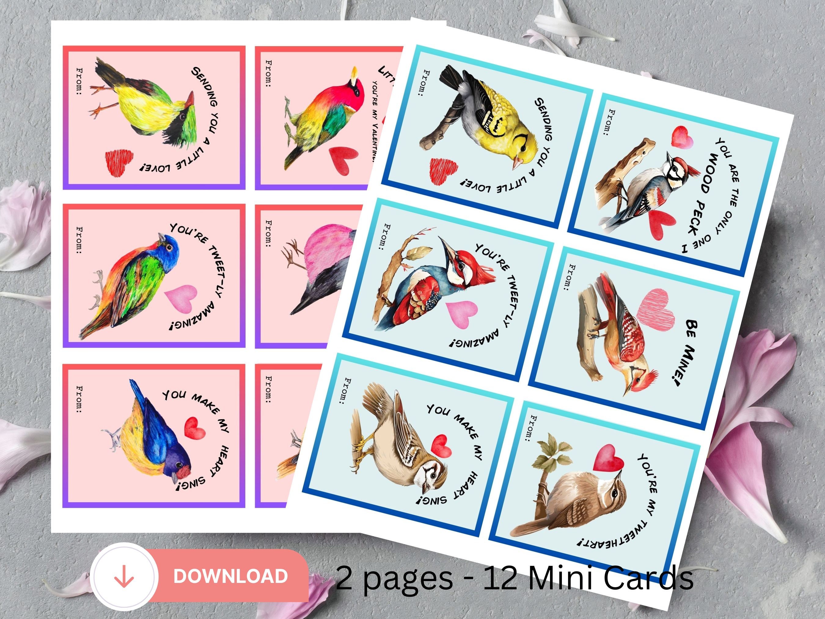 12 Mini Bird Valentine Card, Card for Classroom, Card for Kid ...