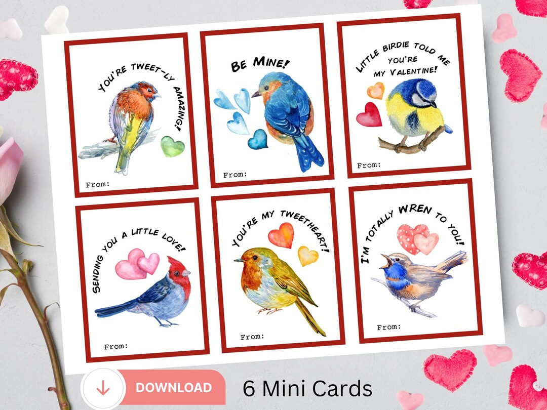 6 Mini Bird Valentine Card, Card for Classroom, Card for Kid, Valentine ...