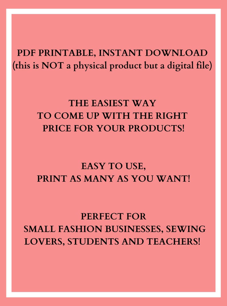 Product Pricing Template Handmade Fashion, Accessories, Printable Sheet ...