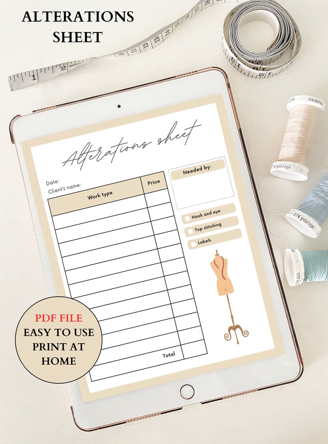 Tailor Alterations Form Printable: Seamstress Business Template (PDF ...
