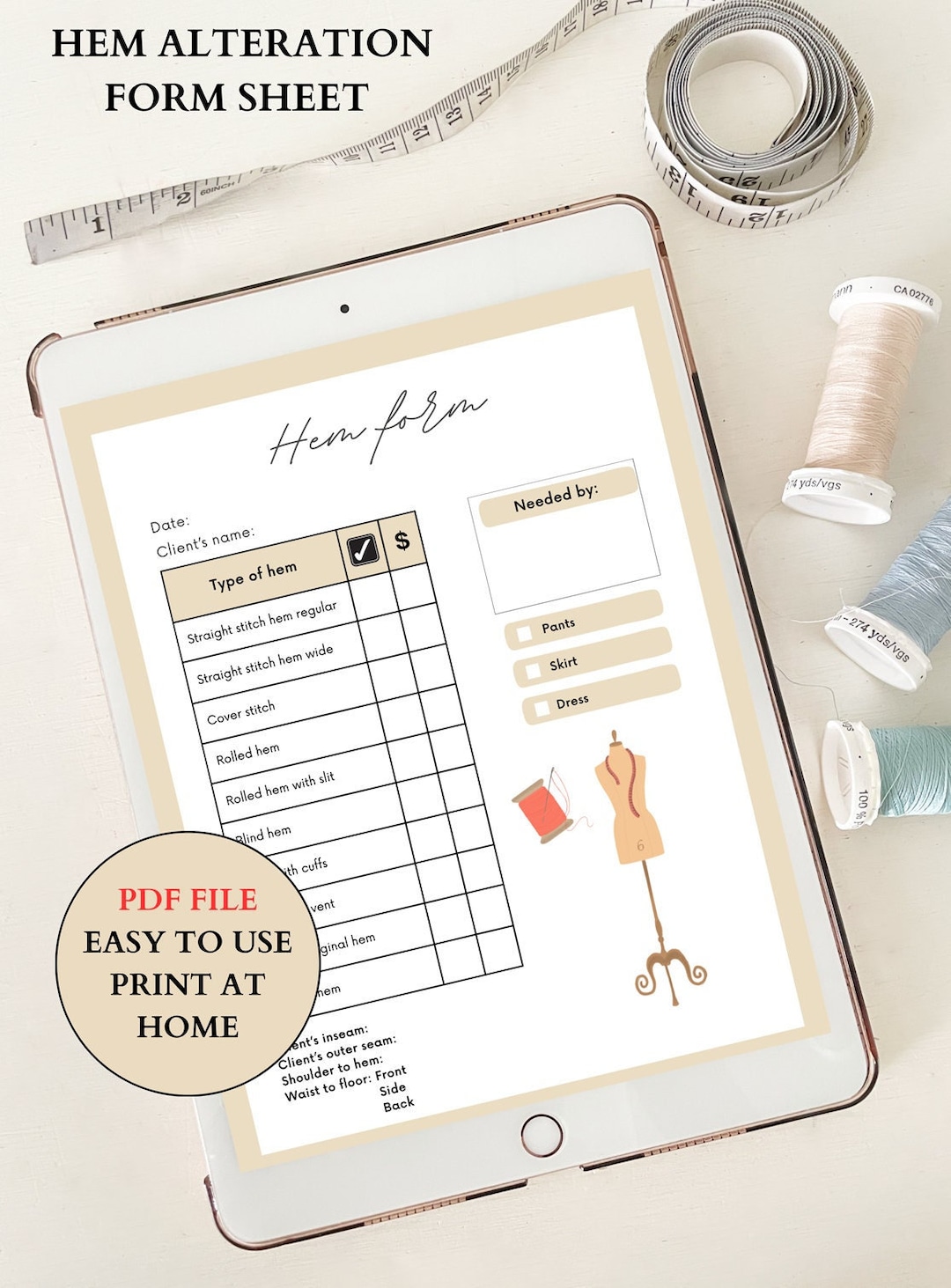 Hem Alteration Form: Tailor Sewing Shop Template (PDF) - Etsy