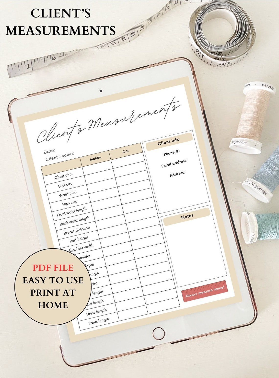 Client Measurement Sheet: Sewing Form Template (PDF) - Etsy