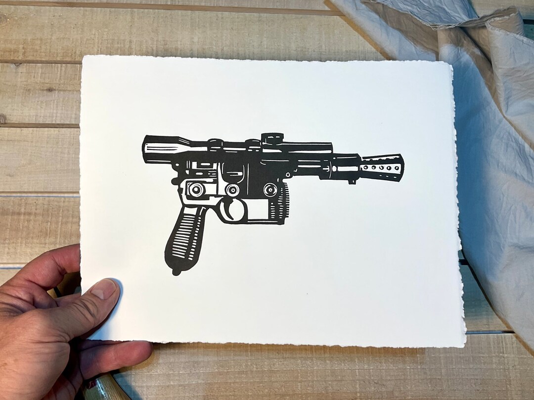 Small Affordable Art, Star Wars Wall Art, Han Solos Blaster, 8.5x11 Linocut Print, Gift for ...